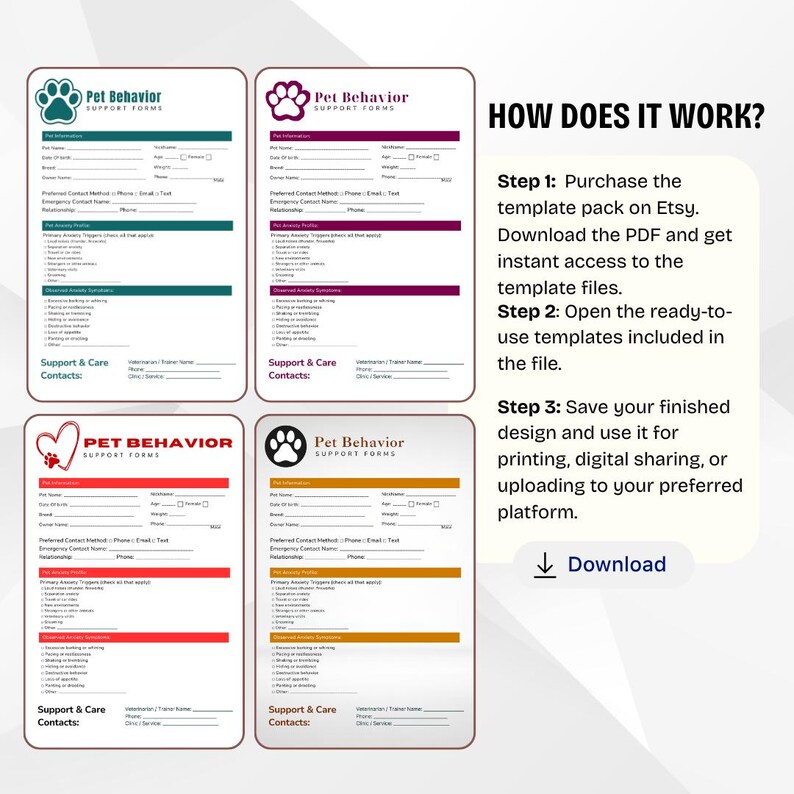 Pet Behavior Support Forms Printable PDF PNG | Dog & Cat Training Log ...