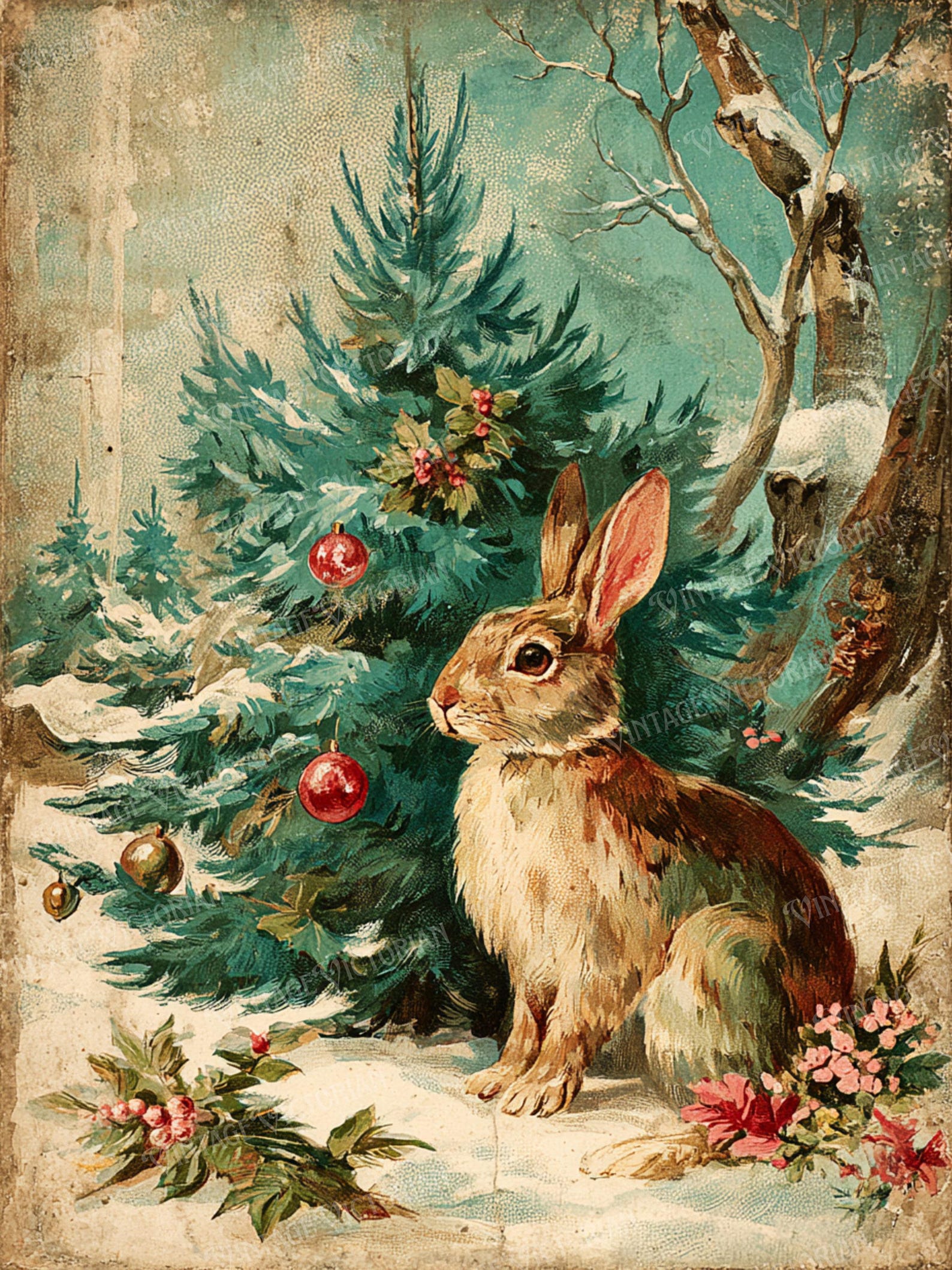 Vintage Christmas Bunny Postcards – 5 JPG – Rabbits Under Christmas ...