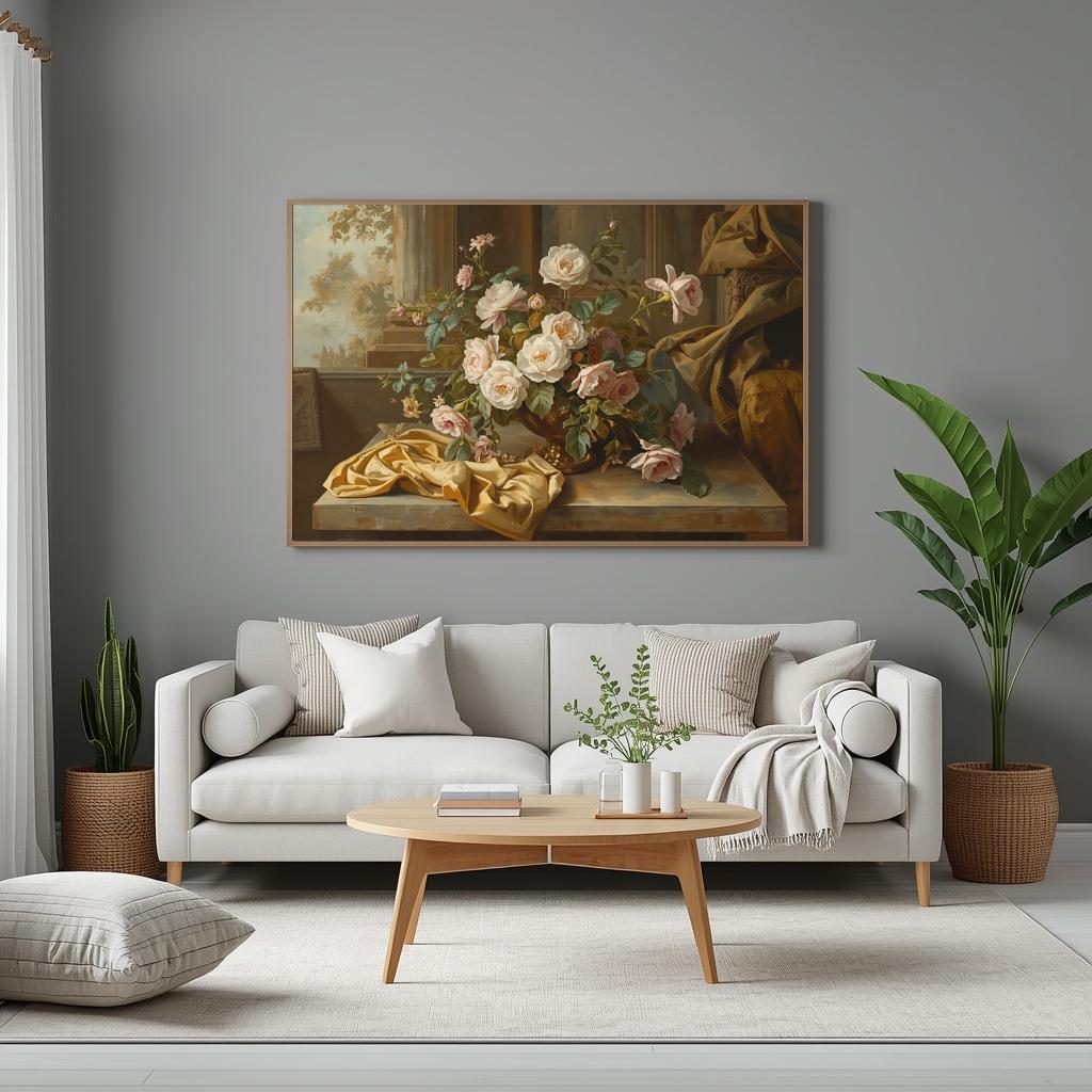 Rococo Floral Still Life Oil Painting | Antique Roses & Drapery ...