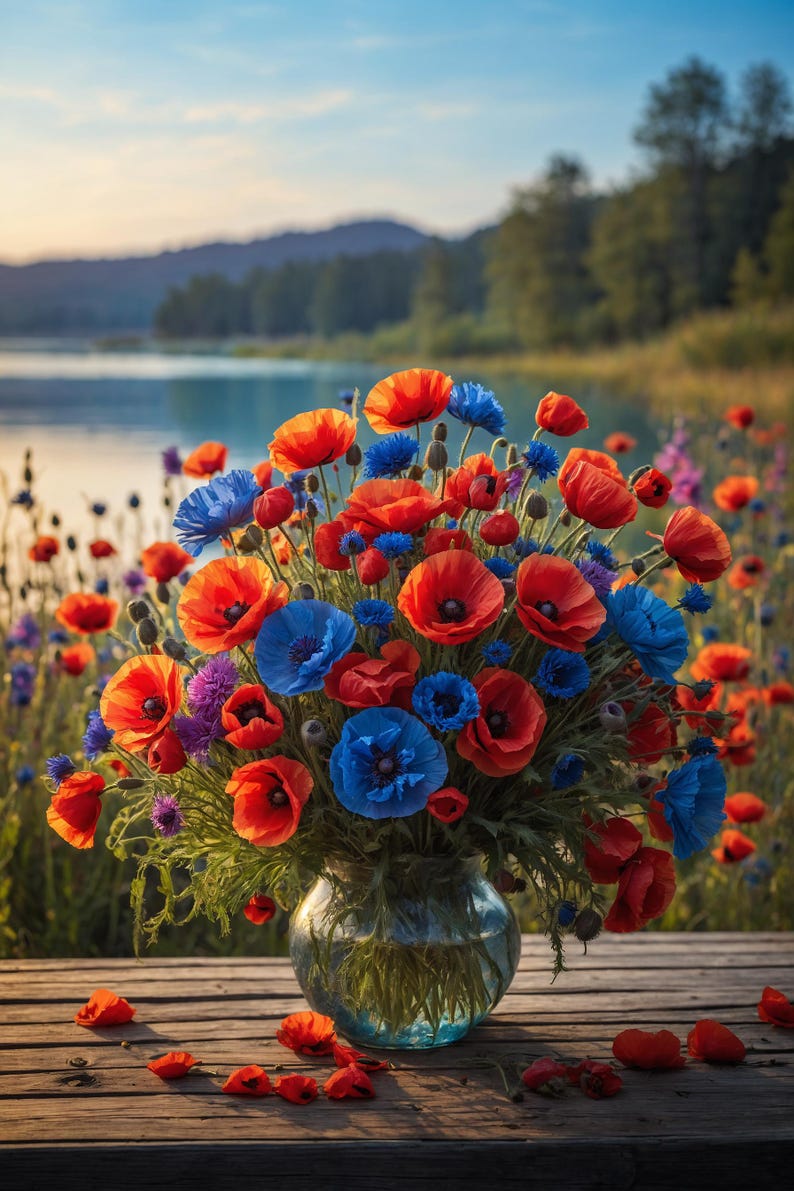 Poppy & Cornflower Wall Art | Wildflower Lake House Print, Lakeside ...