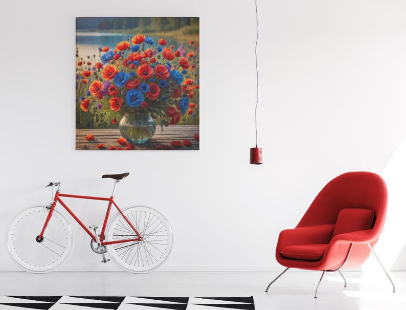 Poppy & Cornflower Wall Art | Wildflower Lake House Print, Lakeside ...