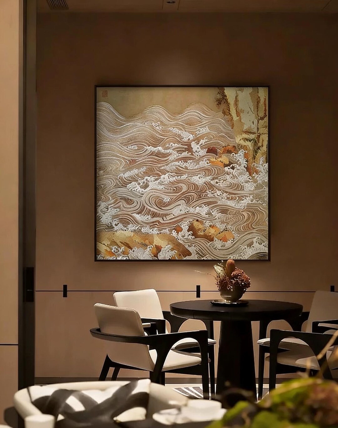 Janese Style Art Print, Gold Line Sea Wave Painting, Oriental Landscape ...