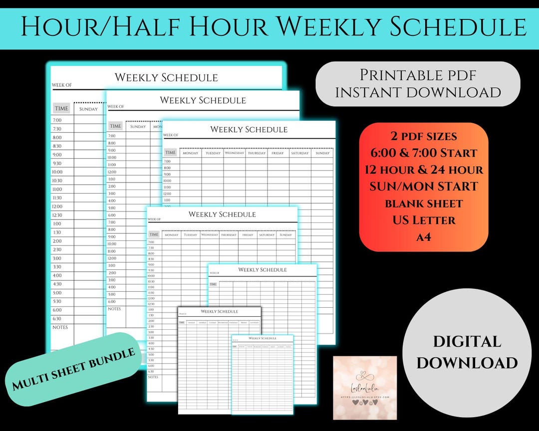Half Hour & Hour Weekly Schedule Printable, Half Hour Daily Schedule ...
