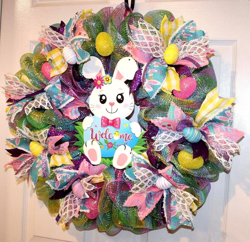 Decorative Easter Bunny Deco Mesh Mesh Wreath for Front Door - Etsy
