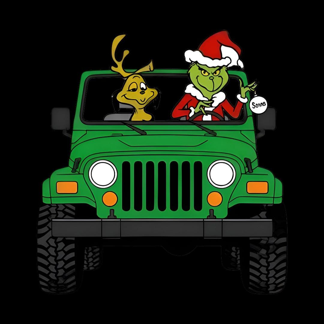 Funny Christmas Grinch and Reindeer in Green Jeep | Holiday Santa Hat ...