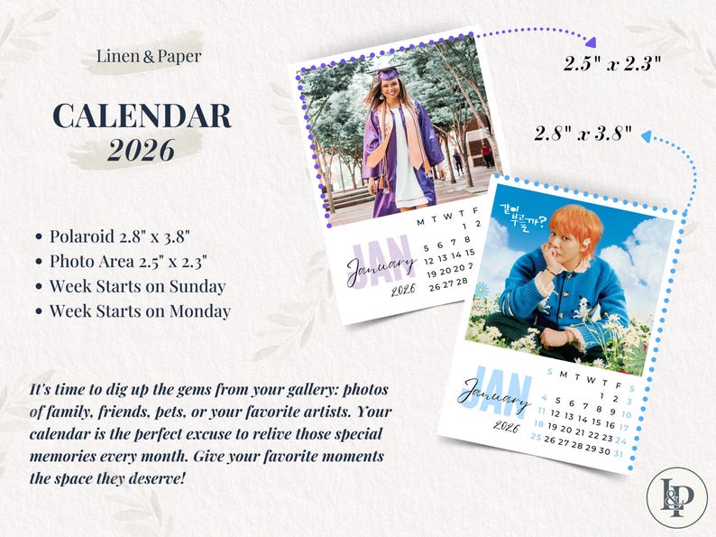 2026 Photo Calendar Template, Mini Polaroid Style (canva Editable ...