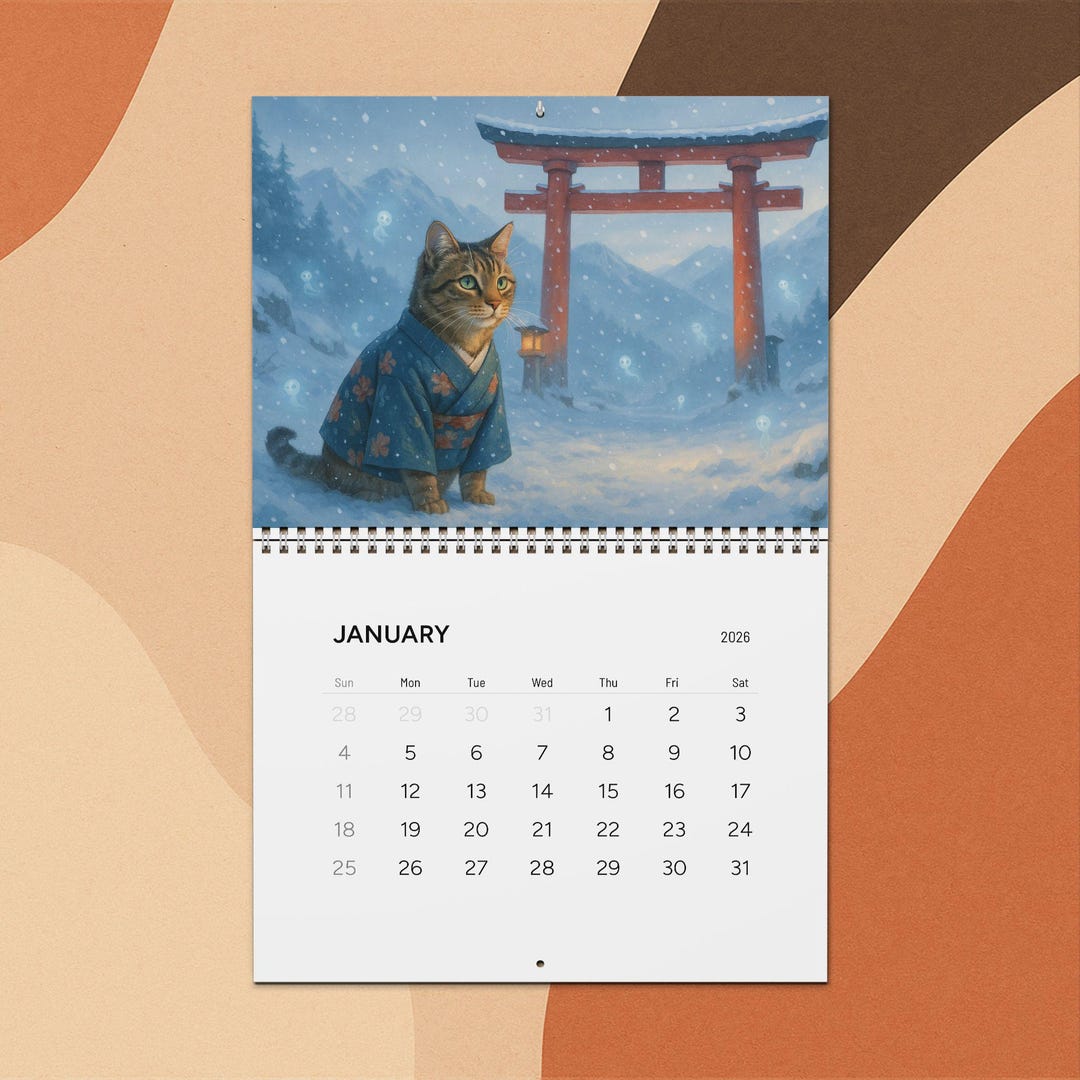 Japanese Cat Art Wall Calendar 2026 | Tabby Cat Illustration - Etsy