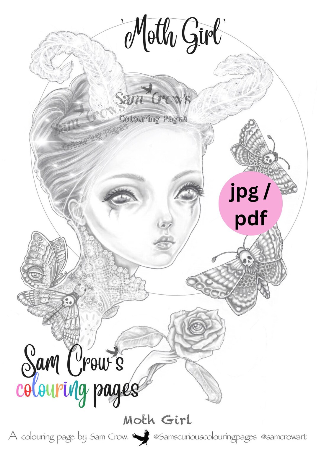 The Moth Girl Coloring for Adults Grayscale Coloring Page - Etsy