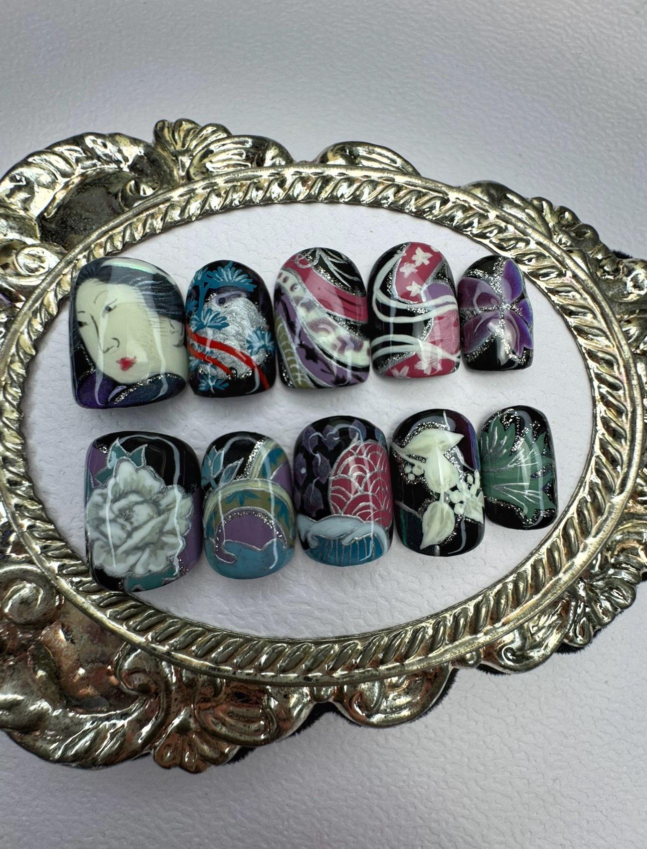 Hand-painted Japanese Inspired Press on Nails • One of a Kind • Size M ...