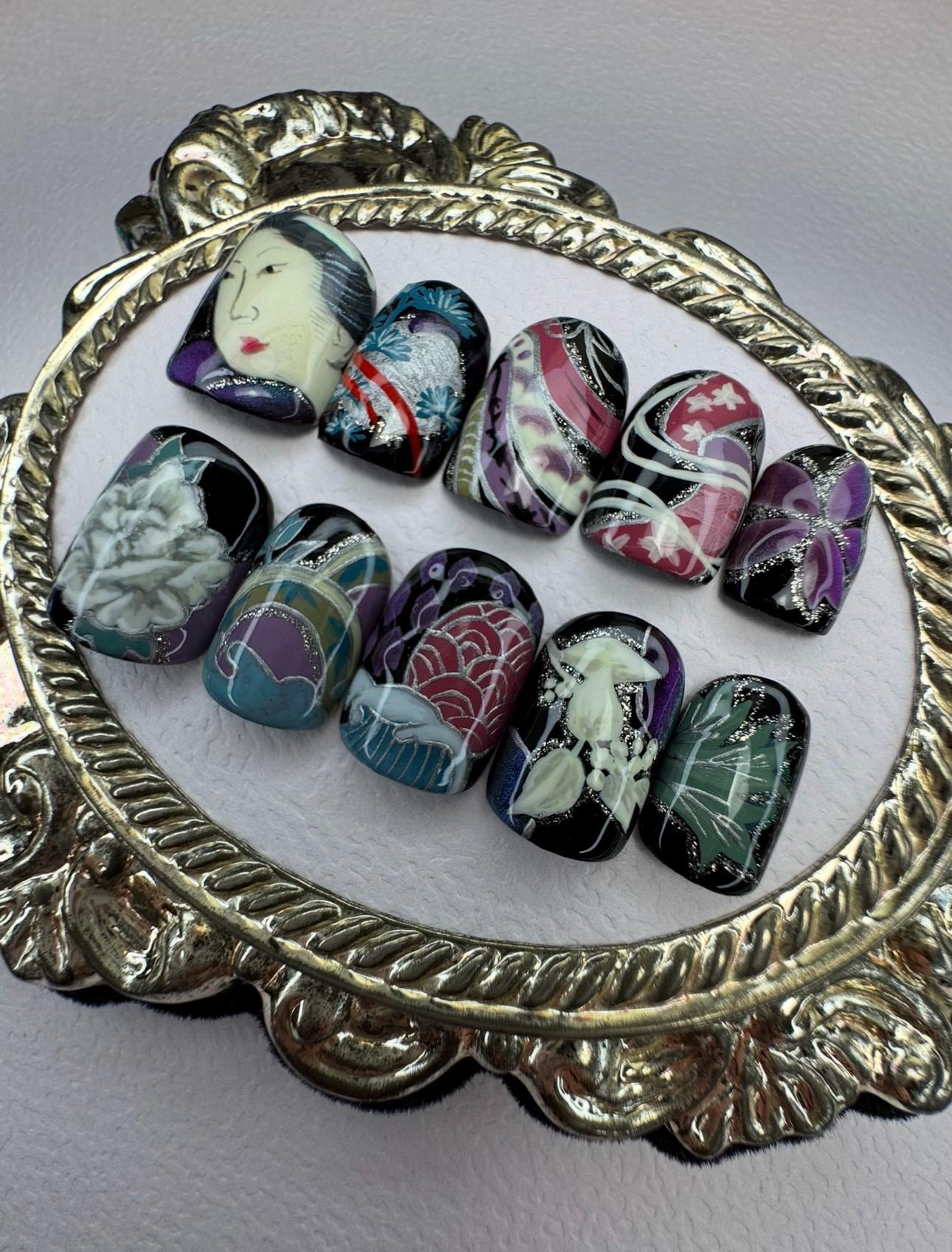 Hand-painted Japanese Inspired Press on Nails • One of a Kind • Size M ...