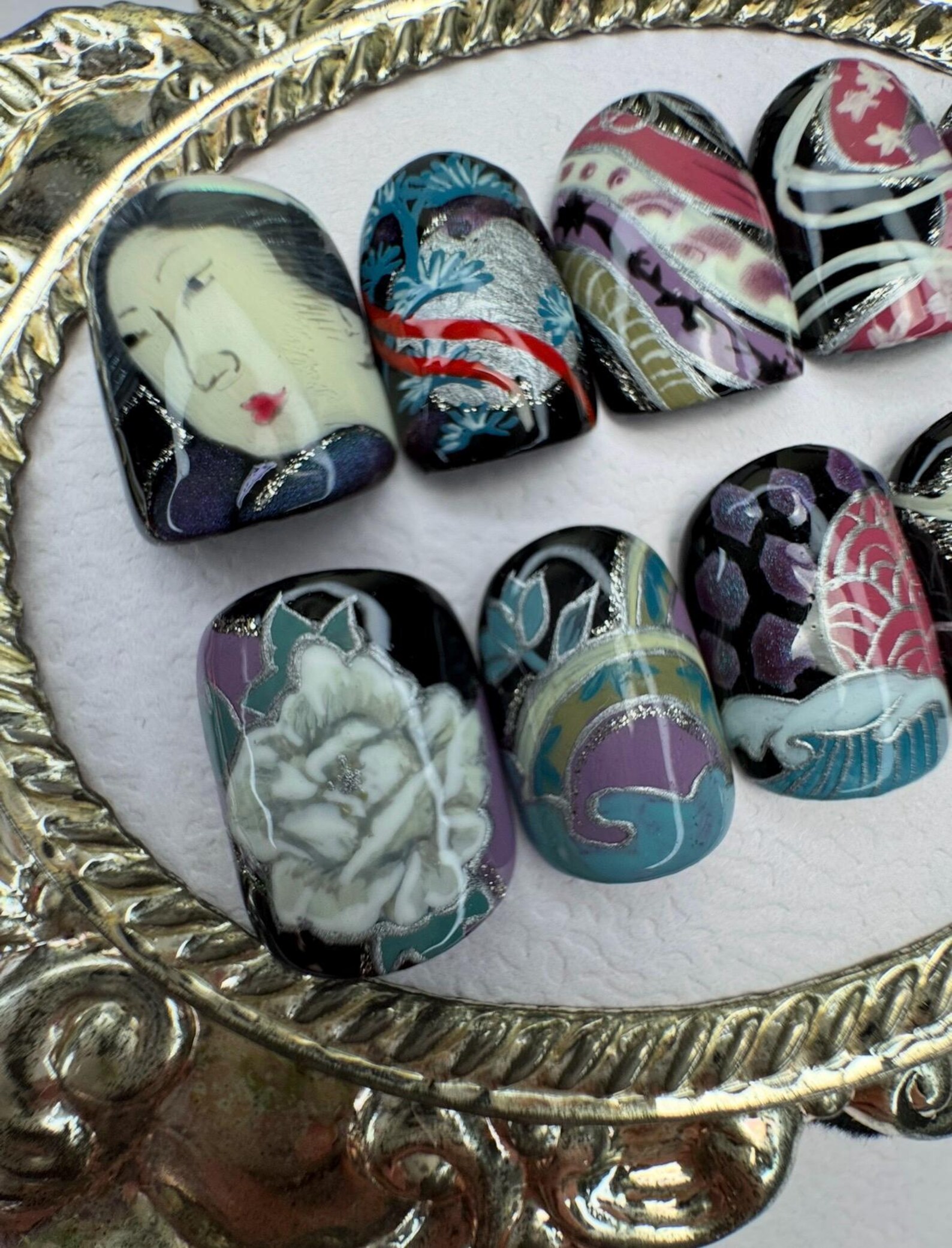 Hand-painted Japanese Inspired Press on Nails • One of a Kind • Size M ...