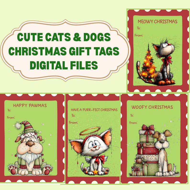 Printable Christmas Gift Tags - Cats & Dogs. Digital Files. Print Your ...