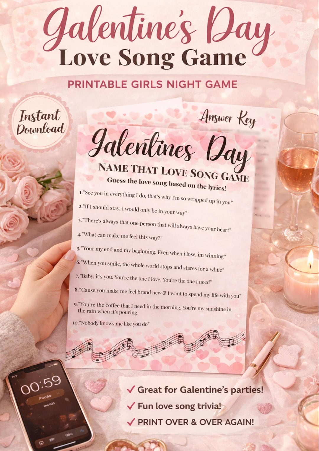 Galentine's Day Love Song Trivia Game | Printable Girls Night (instant ...