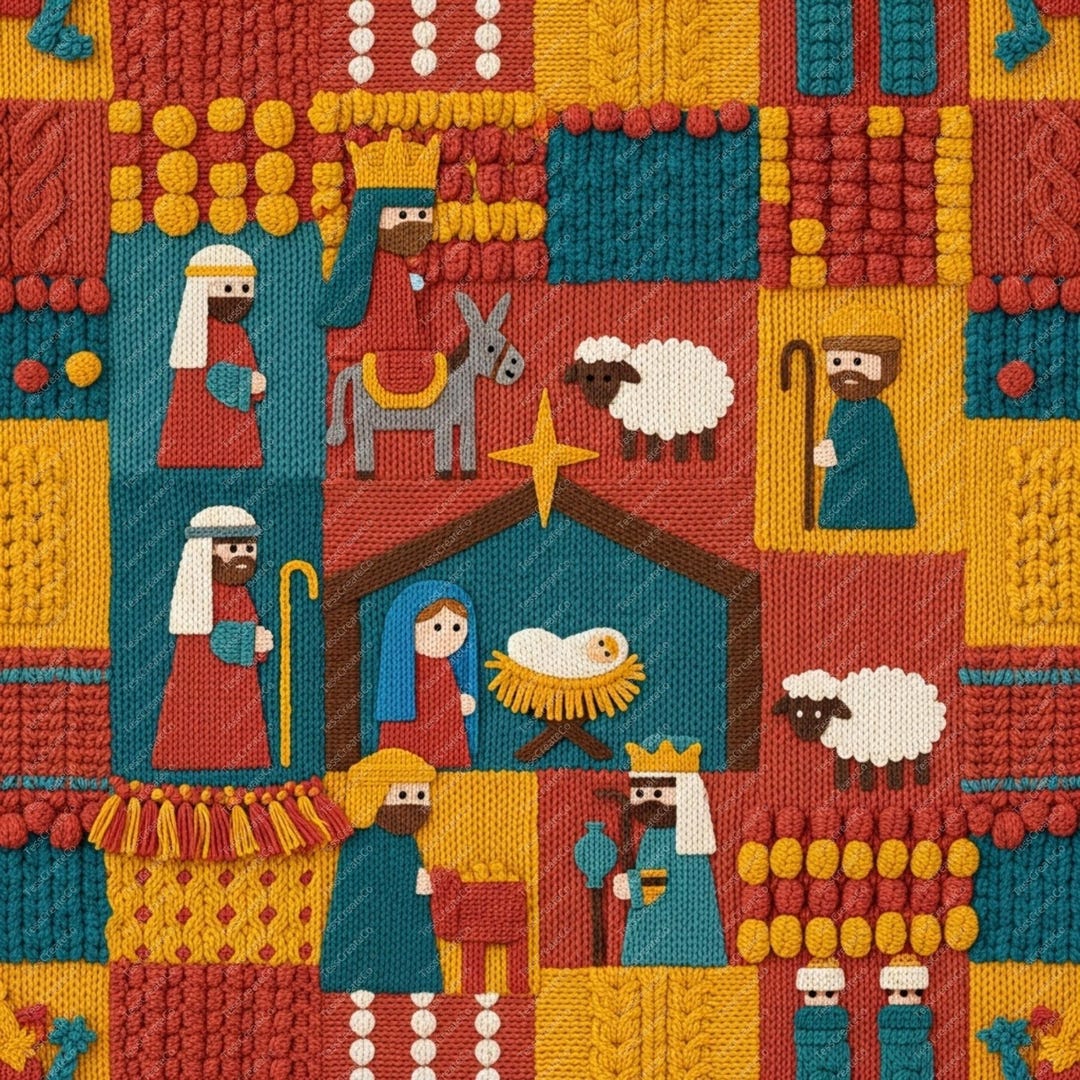 Christmas Nativity Scene Seamless Pattern, Faux Knit Embroidery Sweater ...