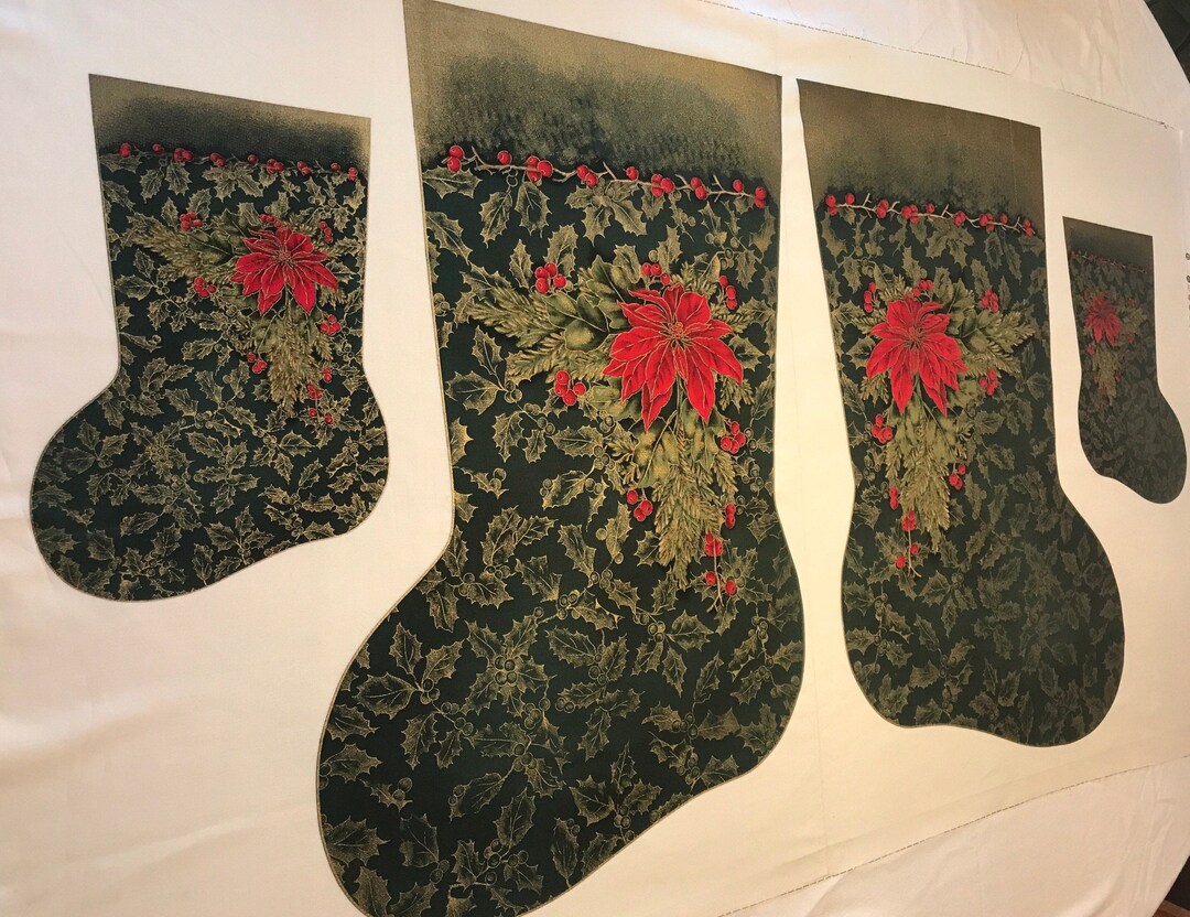 Christmas Stocking Fabric Panel, Cut & Sew, Poinsettia With Metallic ...