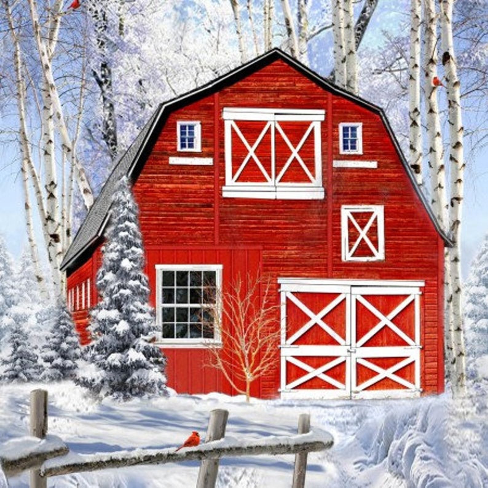 Winter Red Barn Christmas Quilt Fabric Panel Timeless | Etsy