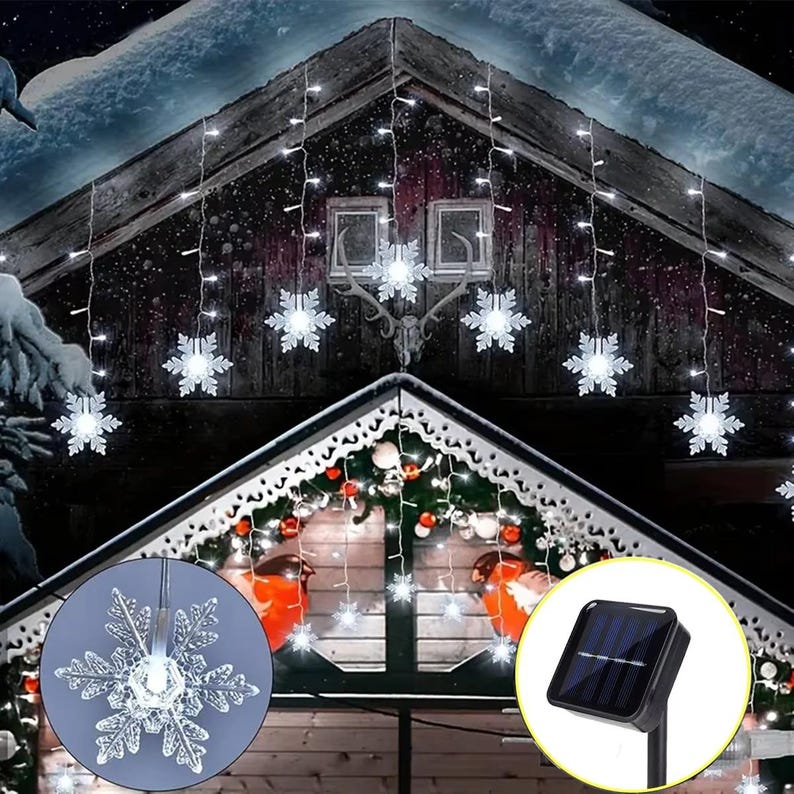 96 LED Solar Snowflake Curtain Lights – Waterproof Christmas Lights for ...
