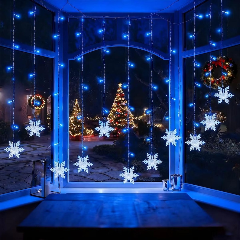 96 LED Solar Snowflake Curtain Lights – Waterproof Christmas Lights for ...