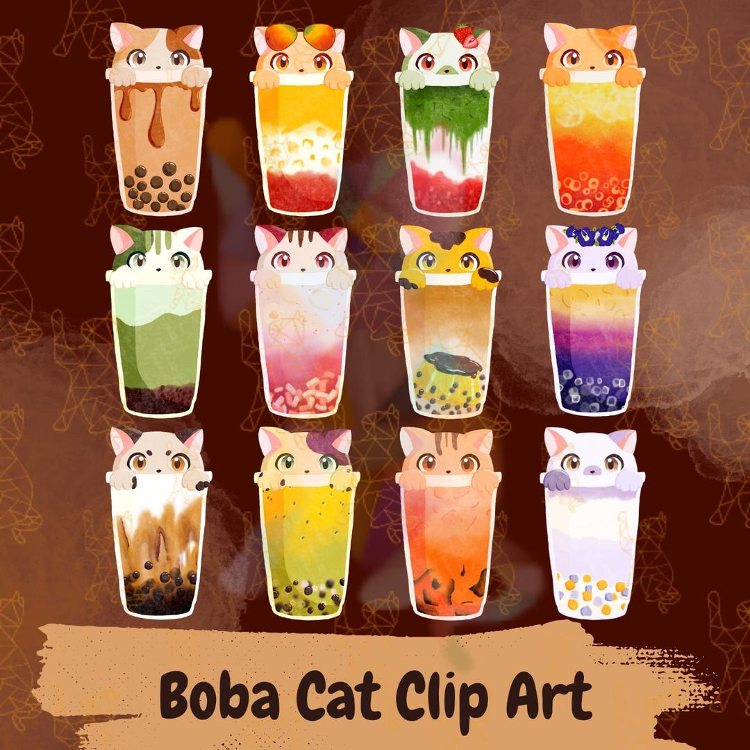Bubble Tea Kittens Clipart Set, Kawaii Boba Cat Drinks, Digital ...