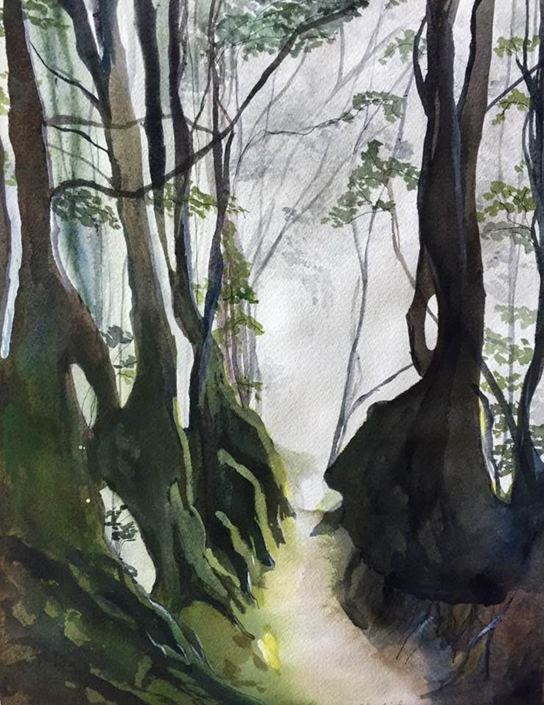 Woodland Path Watercolor Painting, Woodland Trees, Forest Path ...