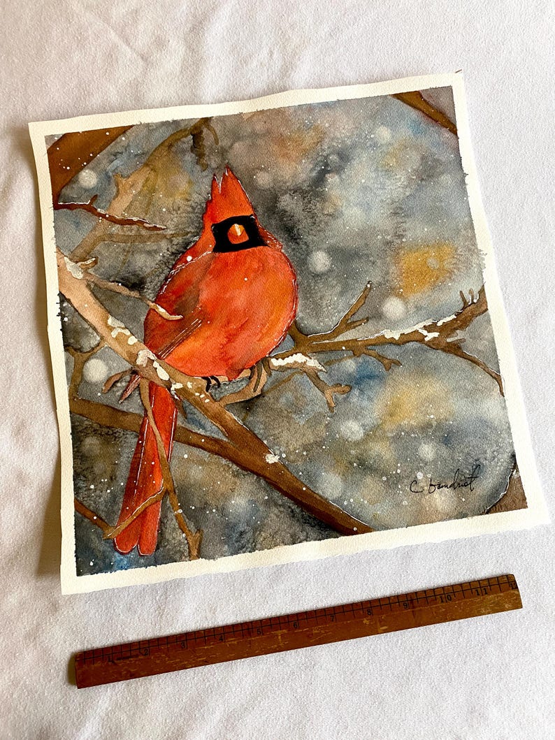 12x12 Watercolor Painting of Cardinal in Snow, Winter Red Bird Art, - Etsy
