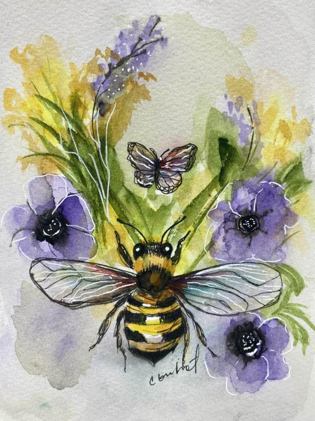 Watercolor Painting of Bumble Bee in Flowers, Abstract Art, Floral Art, Bee Art - Etsy