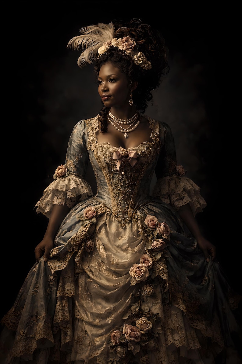 Black Woman Rococo Portrait Print | Elegant Victorian Gown (digital ...