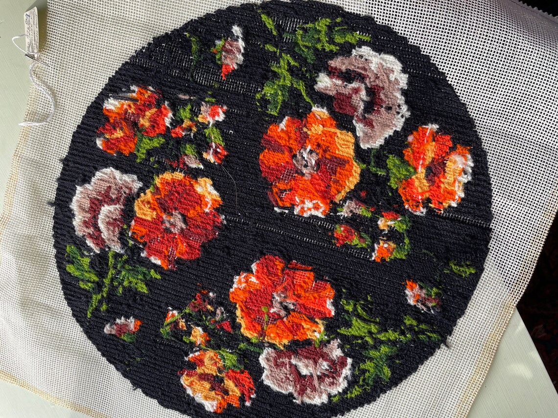 A Finished Round Needlepoint, Orange and Black Flowers - Etsy