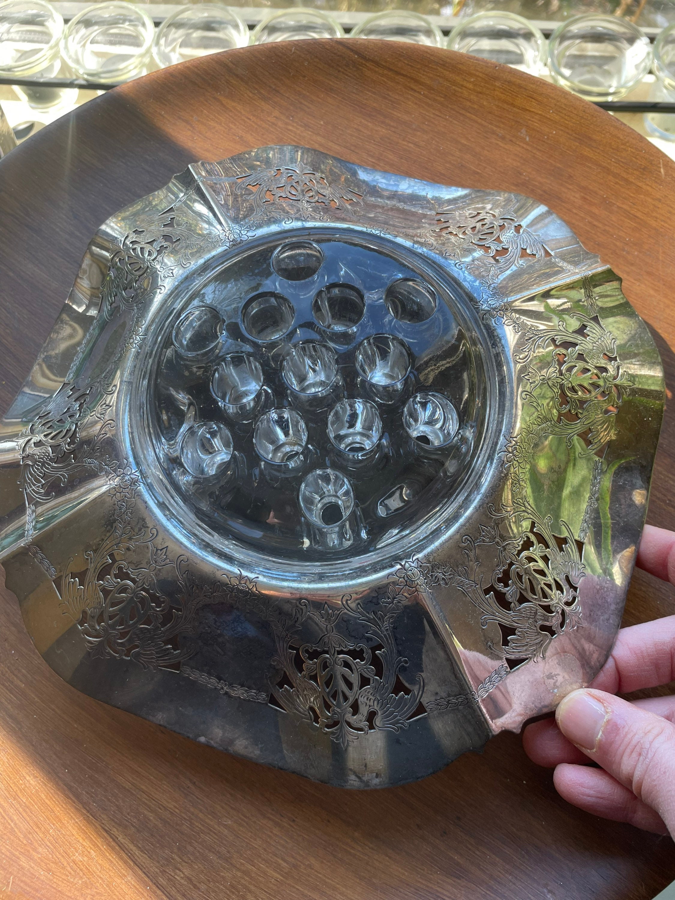 Vintage Glass Flower Frog In Silver Plate Floral Designed Bowl 105 Across Etsy