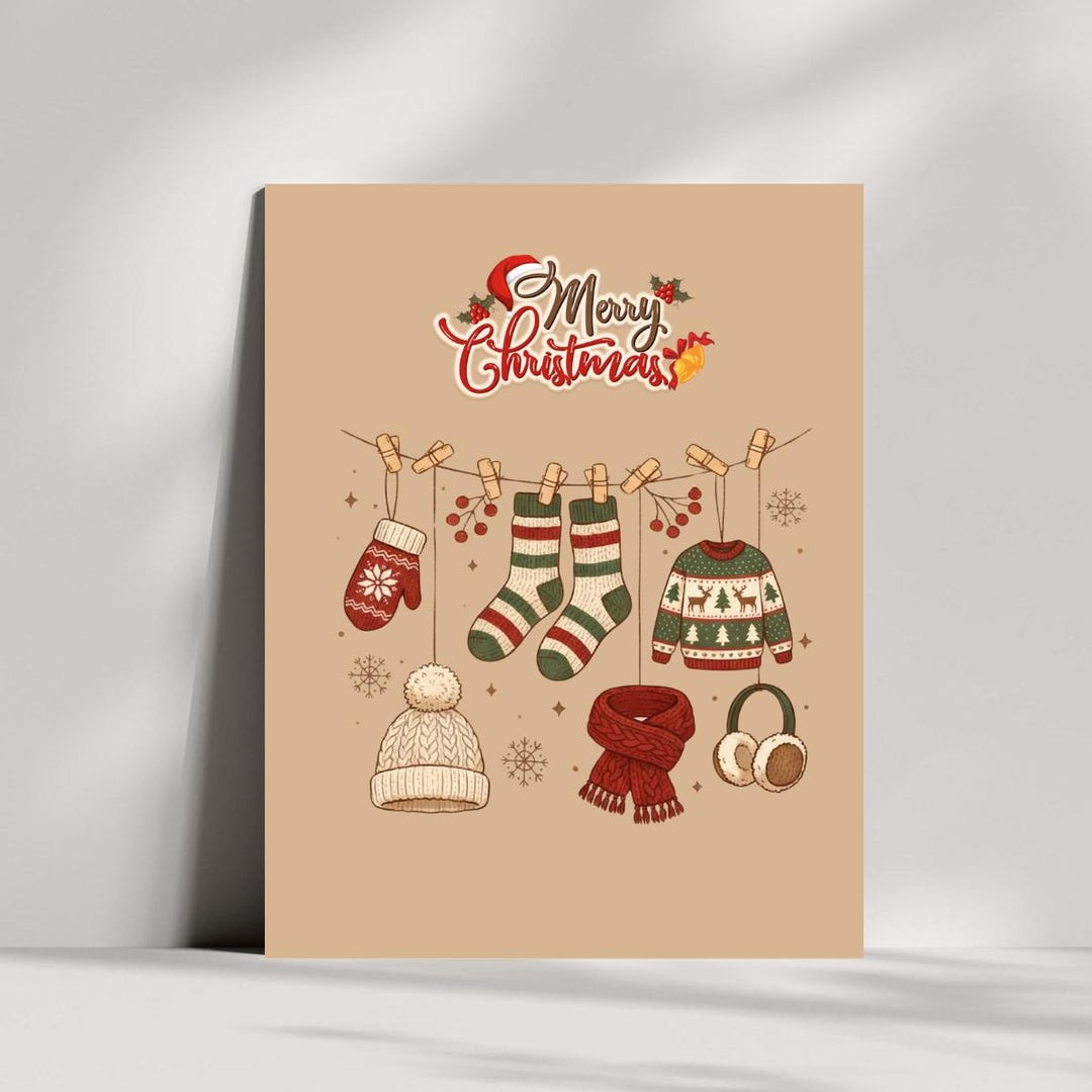 Cozy Winter Christmas Card, Hygge Holiday Greeting, Rustic Clothesline ...