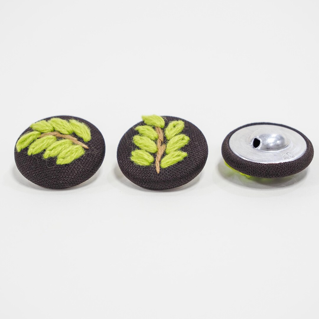26mm Handmade Embroidered Green Leaf Button, Black Cloth Covered Metal ...