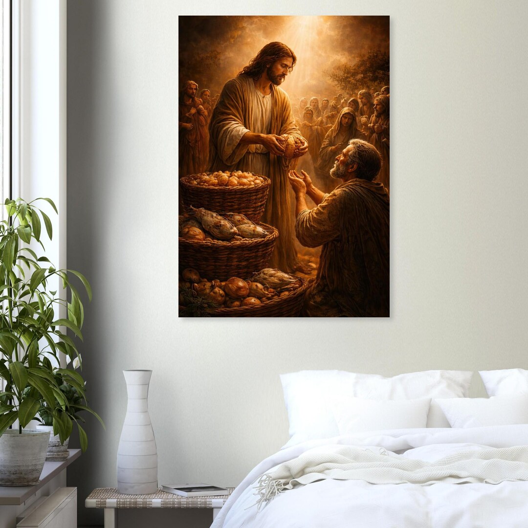 Jesus Miracle Poster: Loaves and Fishes Artwork in Golden Light ...