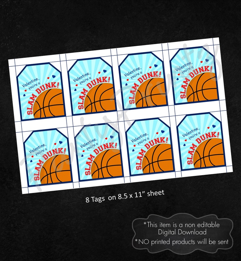 INSTANT DOWNLOAD Printable Tags Slam Dunk Basketball Valentine Pdf Jpg ...
