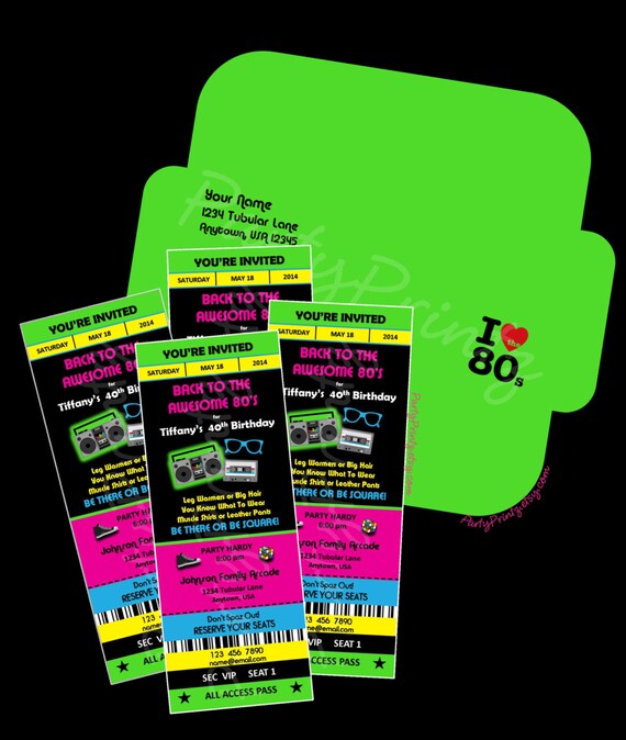 Printable - 80's Party - Ticket Invitations & Envelope Custom ...