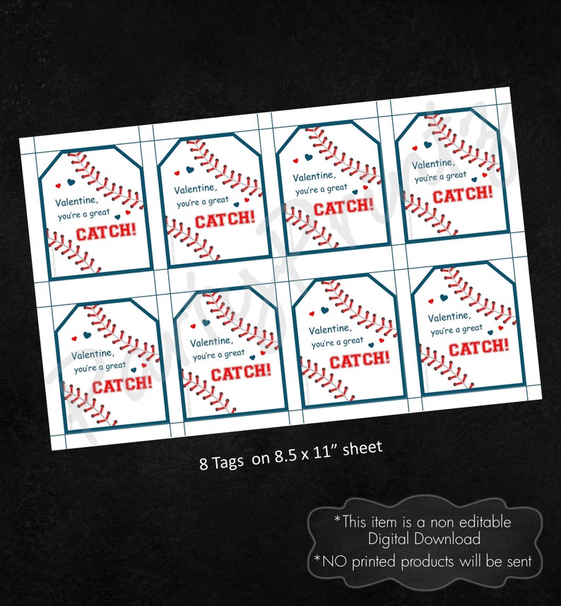INSTANT DOWNLOAD Printable Tags Great Catch Baseball Valentine Pdf Jpg ...