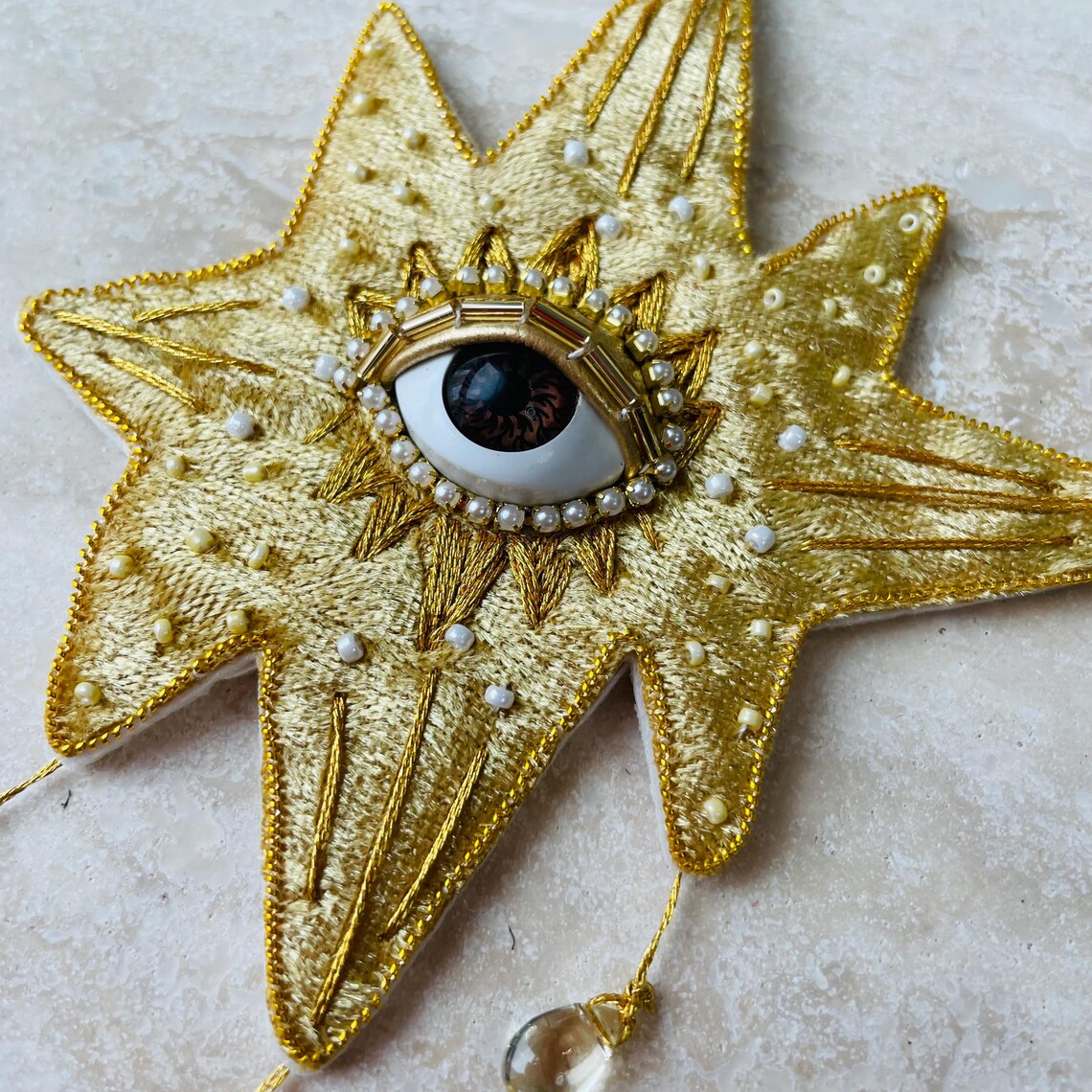 Yellow Velvet Evil Eye Star Patch- Hand Beaded Tassel Appliqué - Gold ...