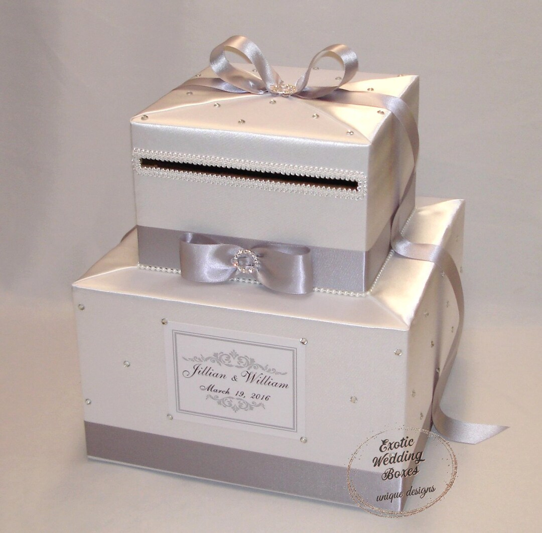 Two Tier White Card Box With Silver Ribbon and Bow-rhinestone Accents ...