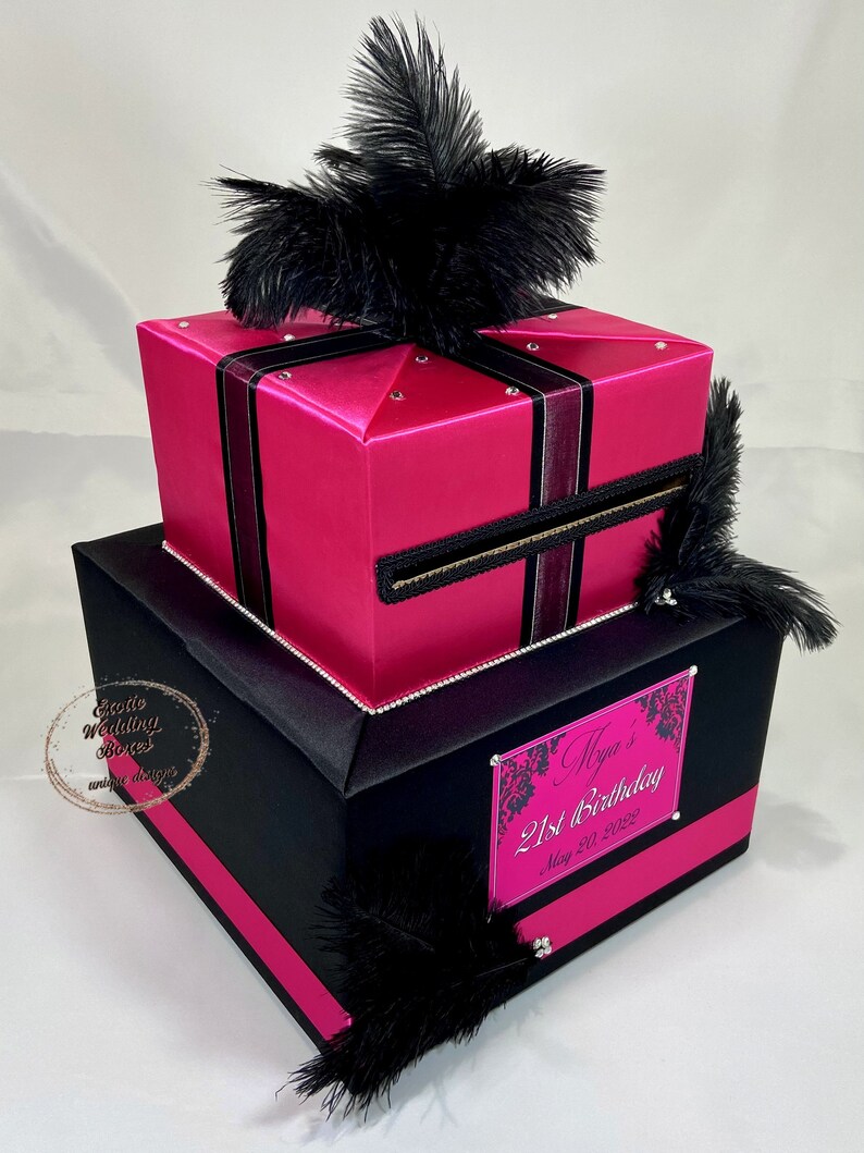 Black and Fuchsia Card Box With Feathers for Weddings Sweet - Etsy