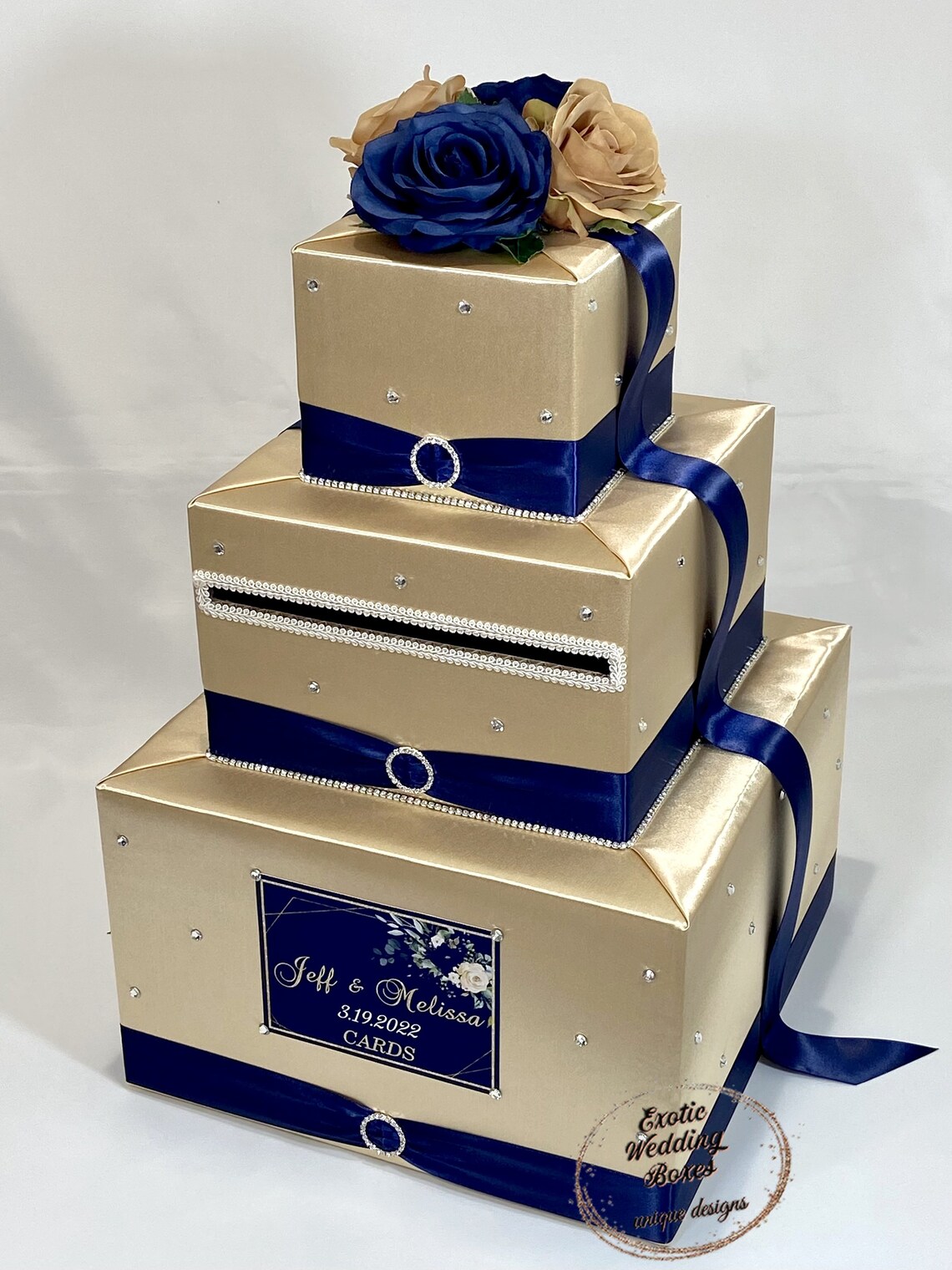 Champagne and Navy Blue Card Box-flowers Rhinestone Accents - Etsy