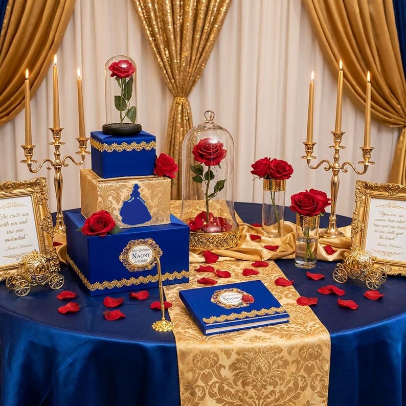 Beauty and the Beast Card Box, Guest Book, Pen Set, Royal Blue and Gold ...