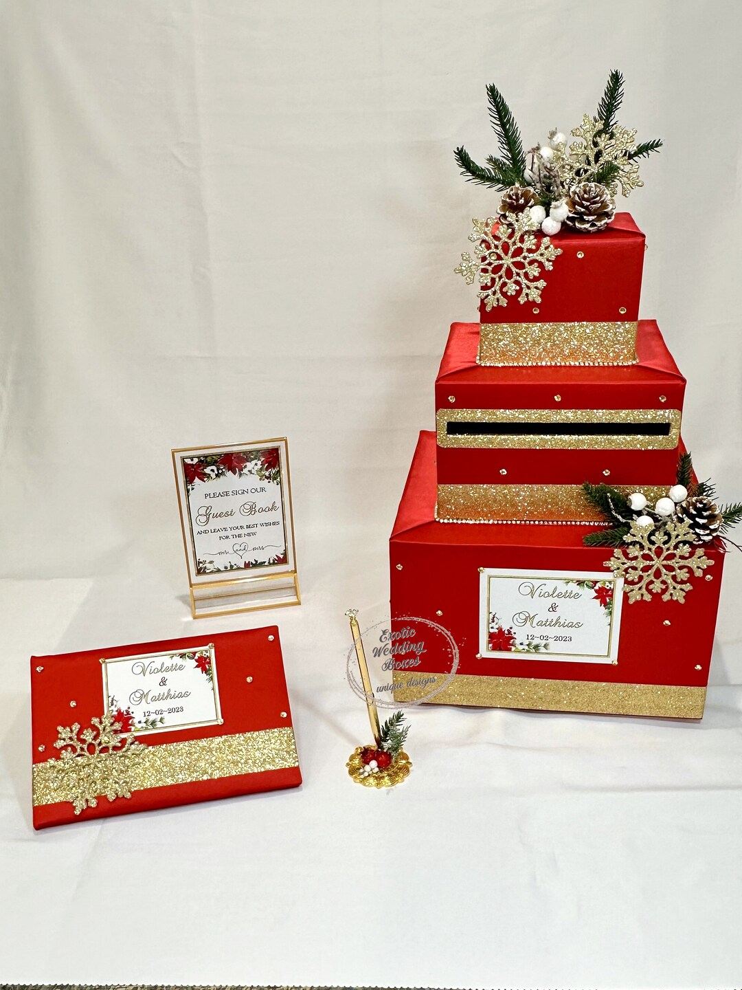 Christmas, Winter Themed Card Box and Matching Guest Book With Pen and ...