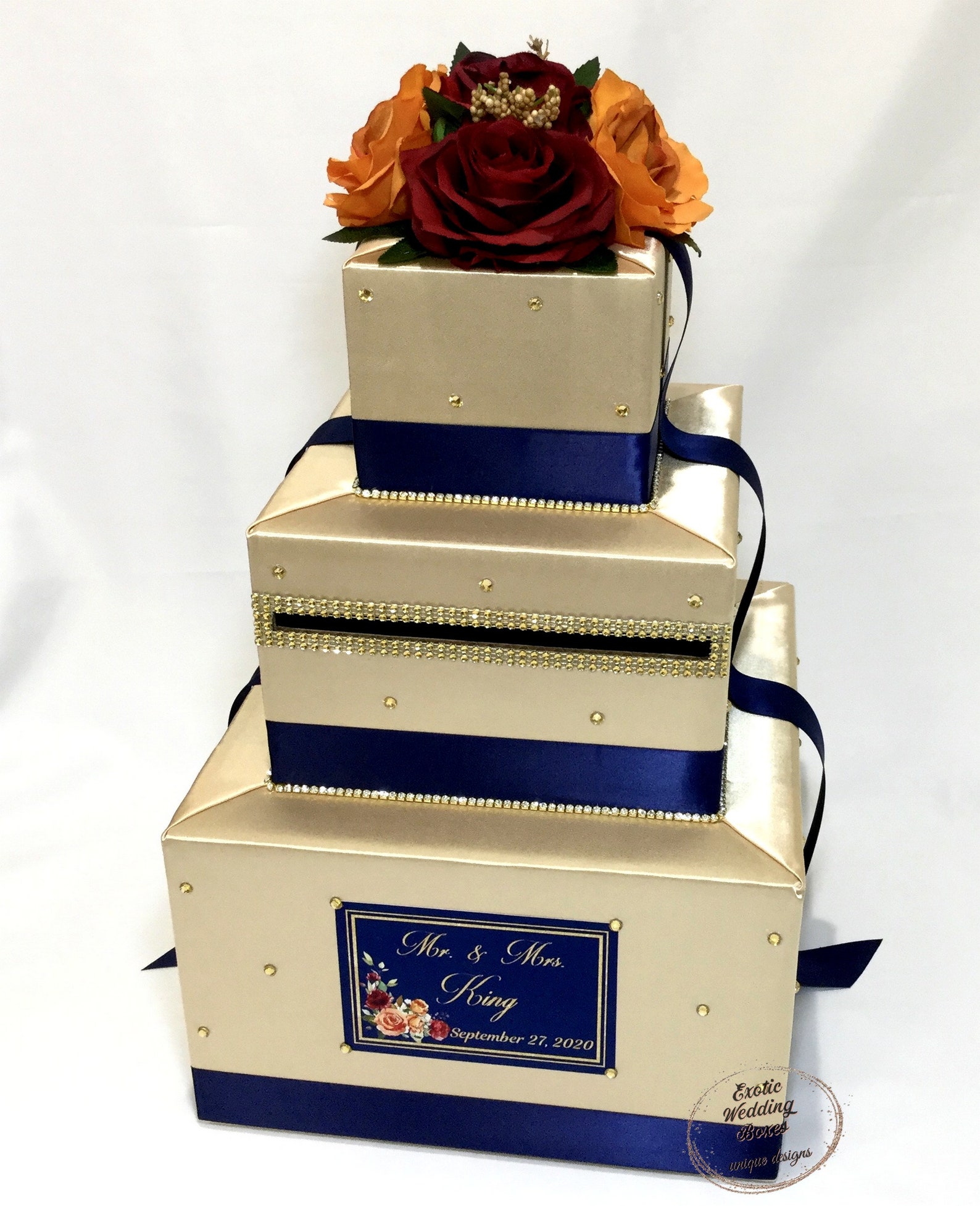 Champagne Navy Blue Wedding Card Box With Burnt Orange and - Etsy