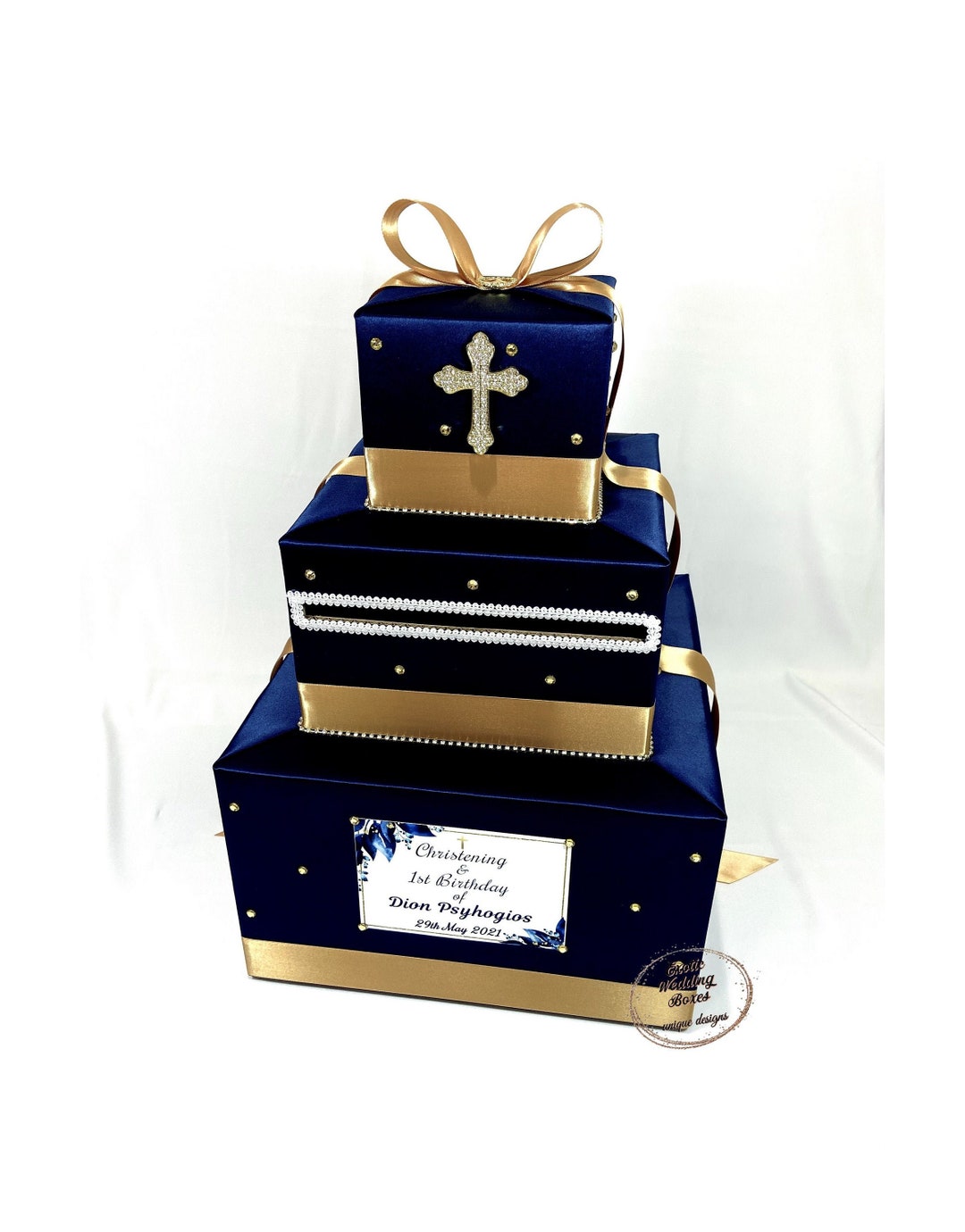 Navy Blue and Gold Card Box for Baptism, Christening, Holy First ...