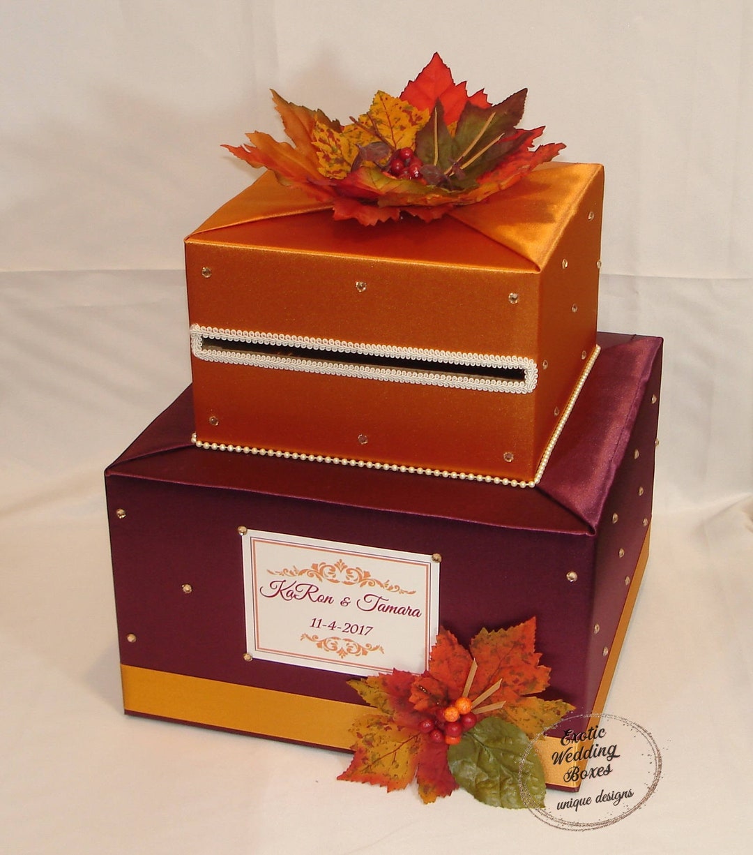 Fall/autumn Theme Card Box- Burgundy and Burnt Orange-gold Rhinestones ...