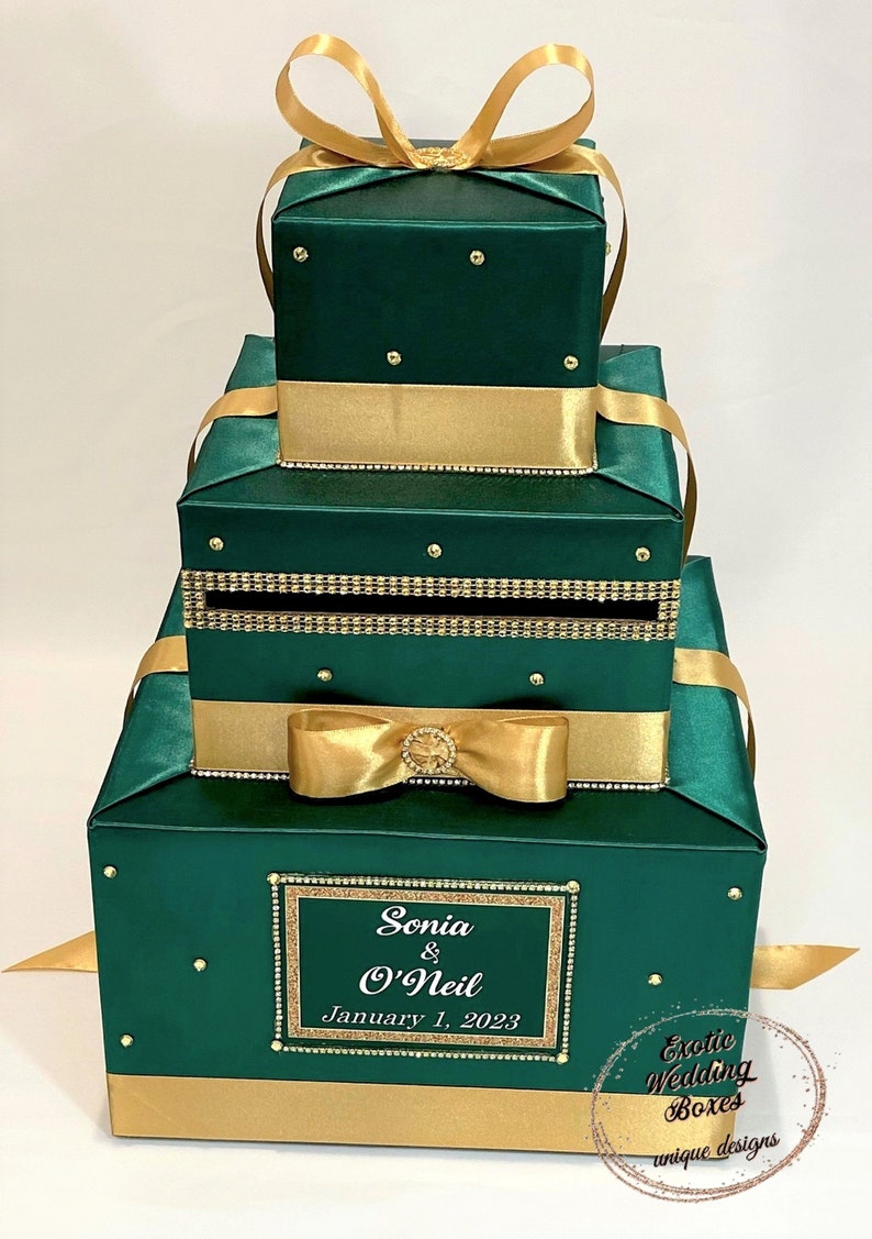 Emerald Green & Gold Wedding Card Box and Guest Book | Gold Rhinestones ...