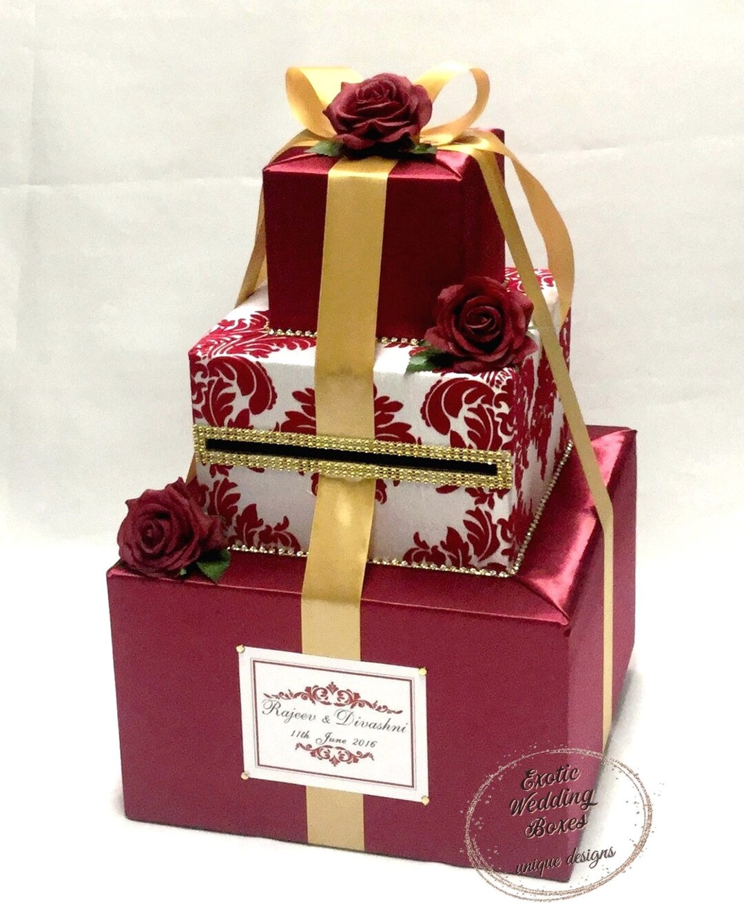 Red Damask Card Box Gold Accents-red Roses - Etsy