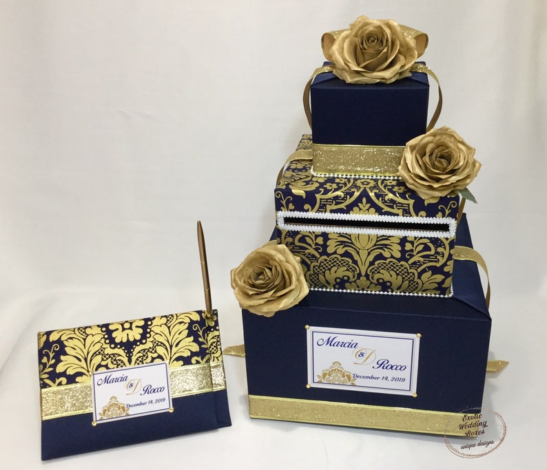 Navy Blue and Gold Wedding Card Box, Card Holder and Guest Sign in Book ...