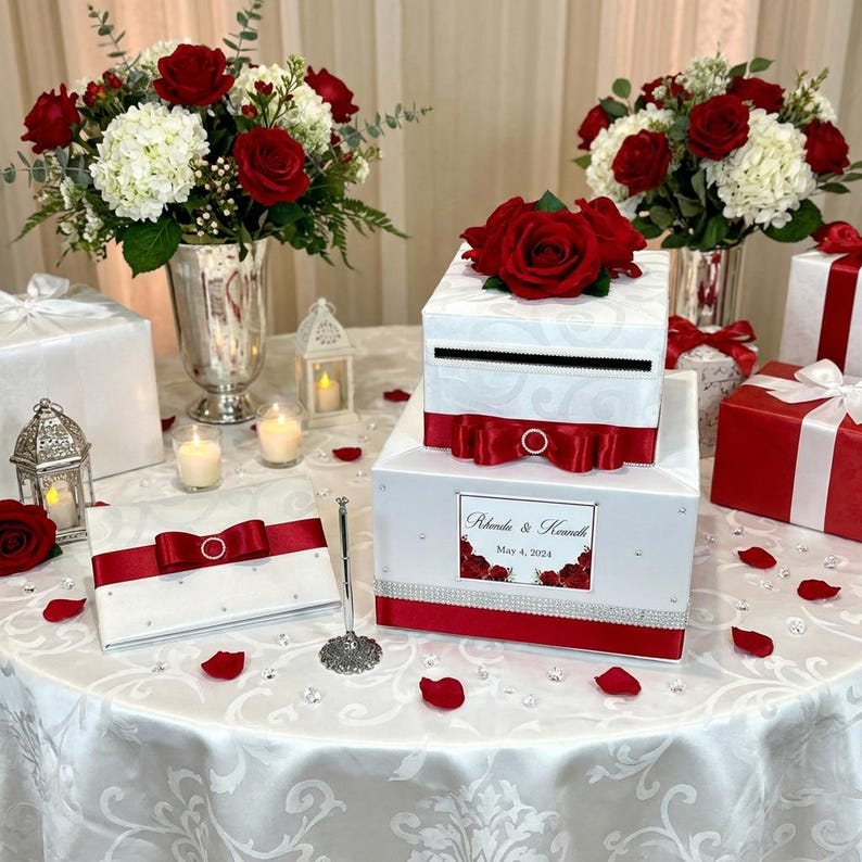 White and Red Card Box and Guest Book Set - Etsy