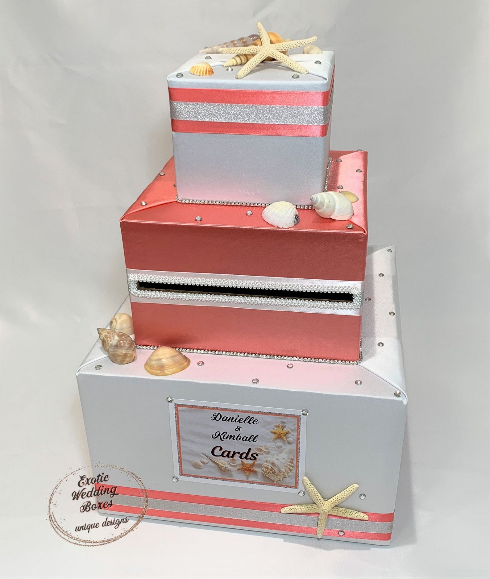 White and Coral Beach Theme Card Box With Sea Shells | Etsy