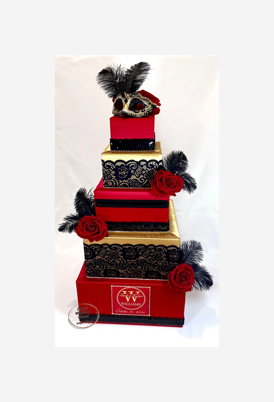 Masquerade Theme Card Box, Masquerade Wedding , Red, Black and Gold ...